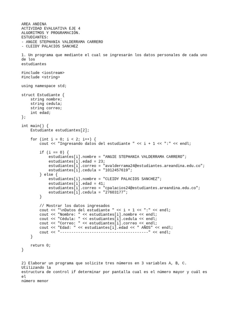Actividad Eje 4 Angie y Cleidy Algoritmos y Programación. | PDF ...