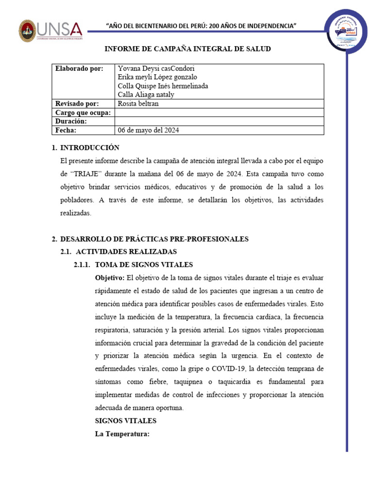 Salud Integral Informe Triaje | PDF | Sangre | Corazón