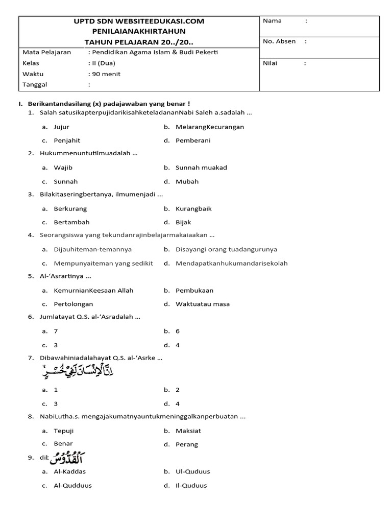 Soal PAT PAI Kelas 2 K13 | PDF
