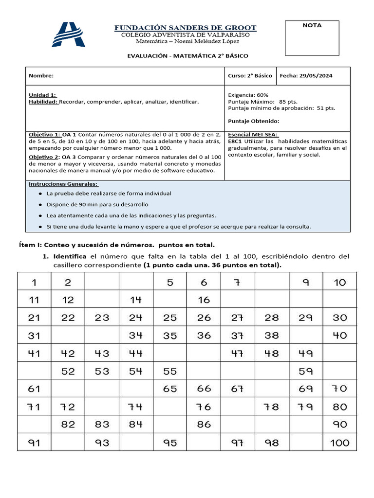 Evaluación Matemática - Unidad 1 Hasta 100 | PDF | Evaluación