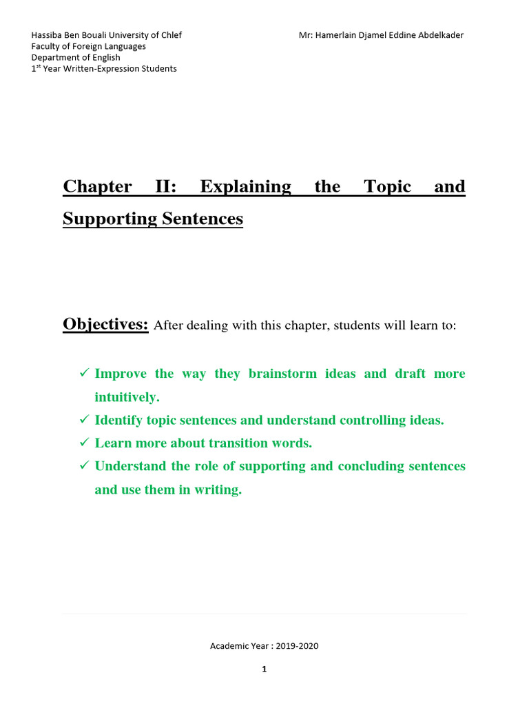 Chapter II Explaining Topic and Supporting Sentences | PDF | English ...