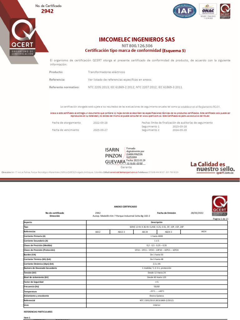 TRANSFORMADORES ALCE Cert 2942 | PDF