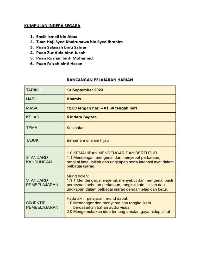 Rancangan Pelajaran Harian_upaya Ppd_13 Sept 2023 | PDF