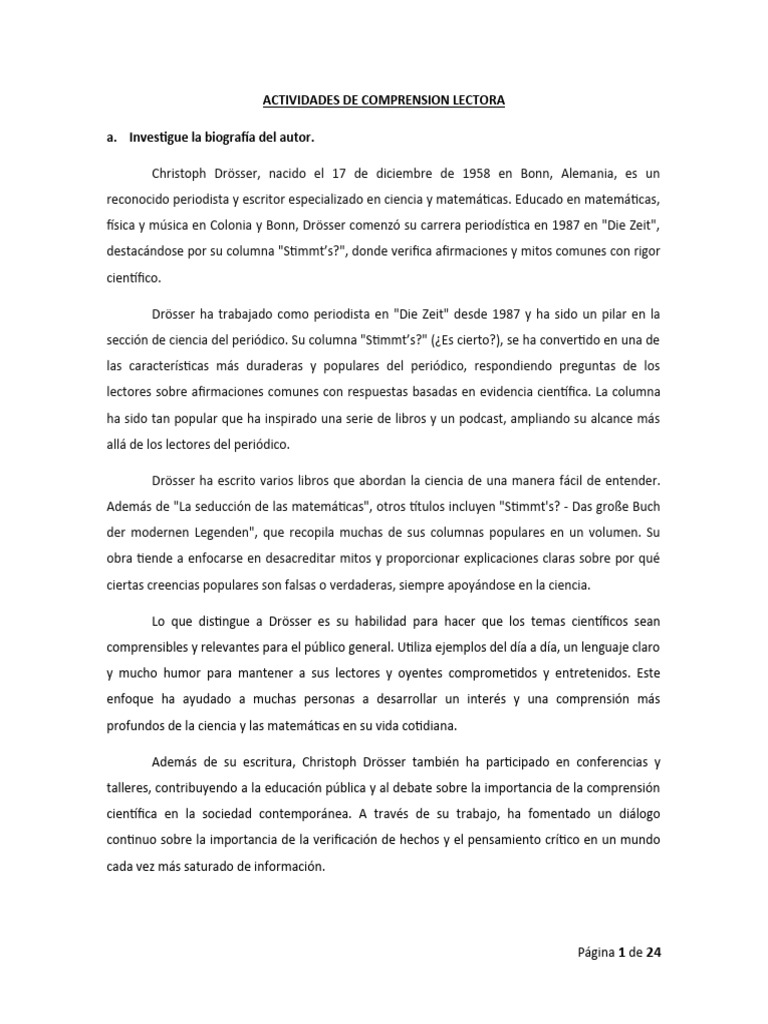 Actividades De Comprension Lectora Pdf Matemáticas Science