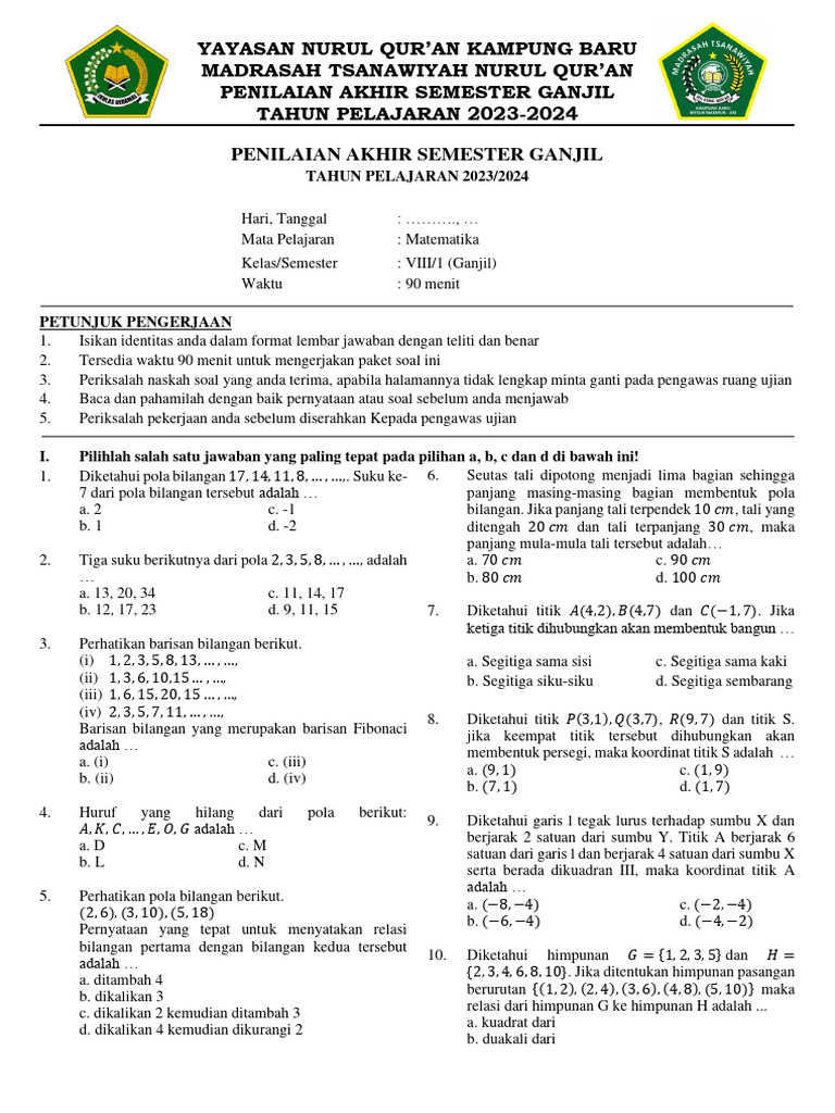 Soal UAS Mtk Kelas 8 | PDF
