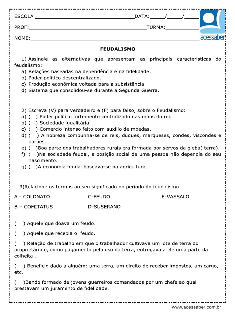 Atividade Feudalismo | PDF