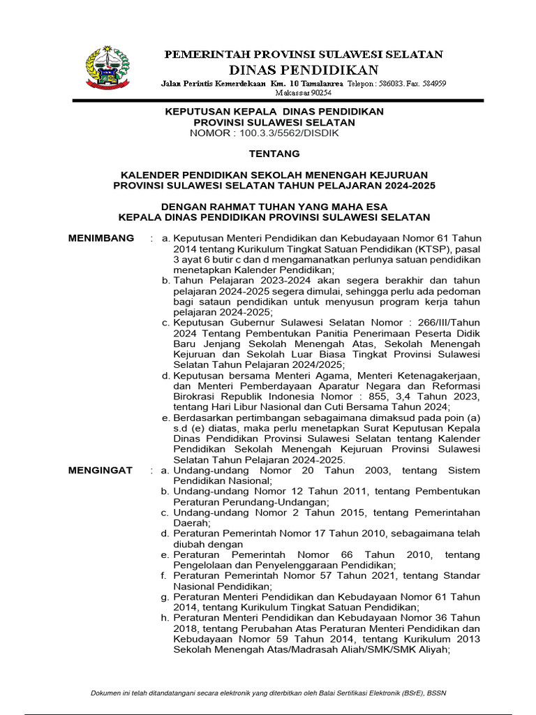 SK Kalender Pendidikan Tahun Ajaran 2024-2025 | PDF