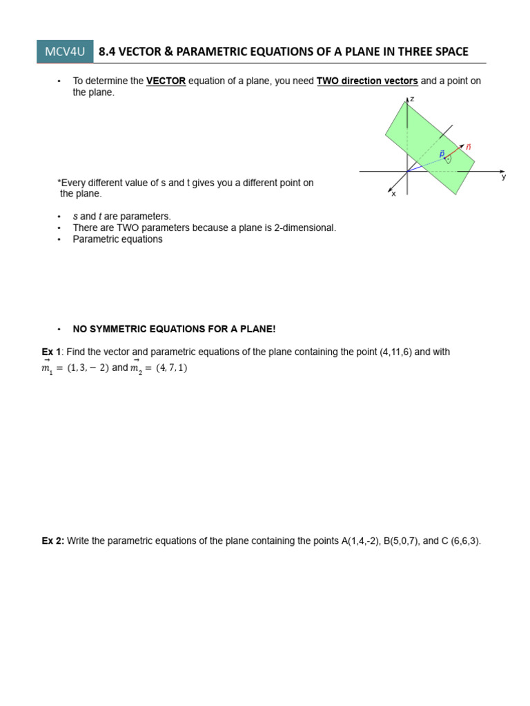 8.4 Vector and Parametric Equations of A Plane in 3 Space | PDF ...