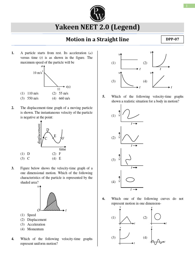 Motion in A Straight Line DPP-07 (Of Lec-11) Yakeen 20 2024 | PDF | Acceleration | Velocity