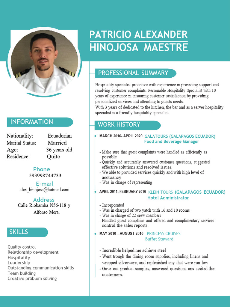 PATRICIO ALEXANDER HINOJOSA MAESTRE Resume 707157 | PDF | Hospitality Industry