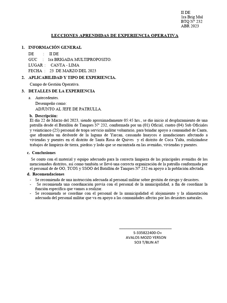 Lecciones Aprendidas So3 Y. Avalos M. | PDF | Militar