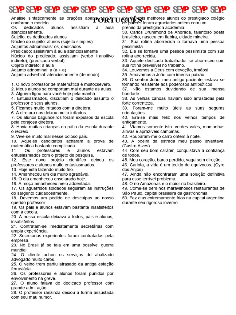 Exercício EXTRA ANÁLISE SINTÁTICA | PDF | Predicado (gramática) | Assunto (gramática)