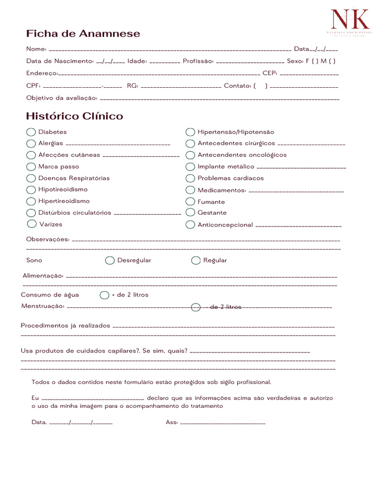 Cópia de Ficha de Anamnese | PDF | Cabelo | Medicina Clínica