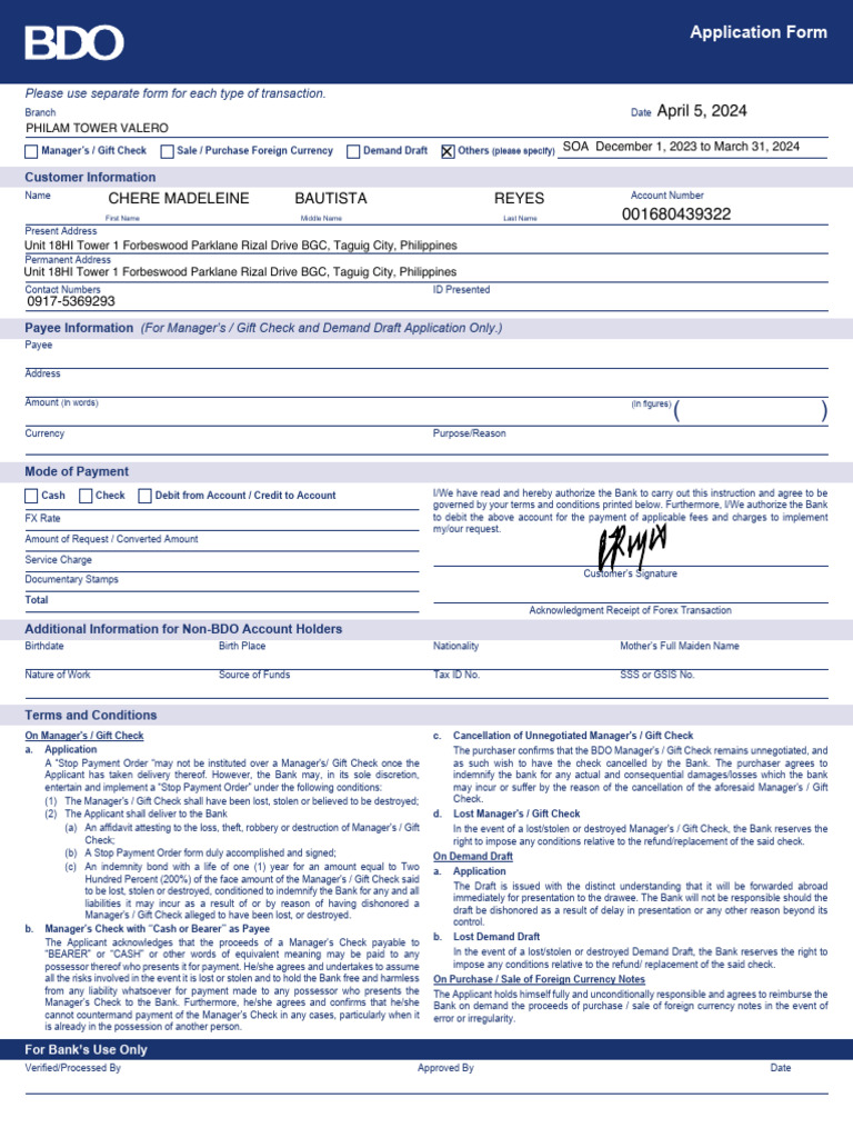 SOA Application Form (Fillable) | PDF | Cheque | Payments
