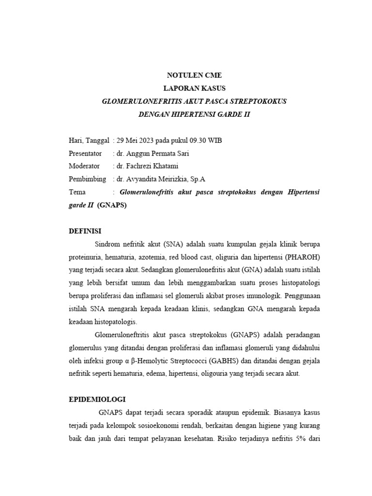 Notulen Glomerulonefritis Akut Pasca Streptokokus Dengan Hipertensi ...