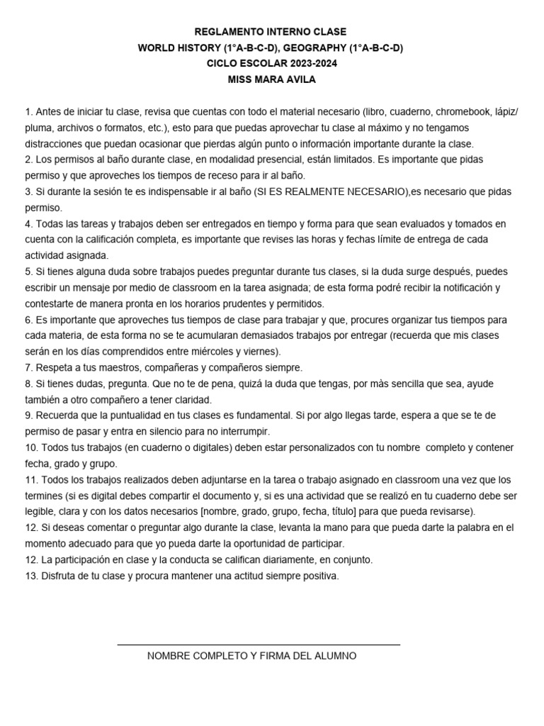 Reglamento Interno Clase 23-24 | PDF