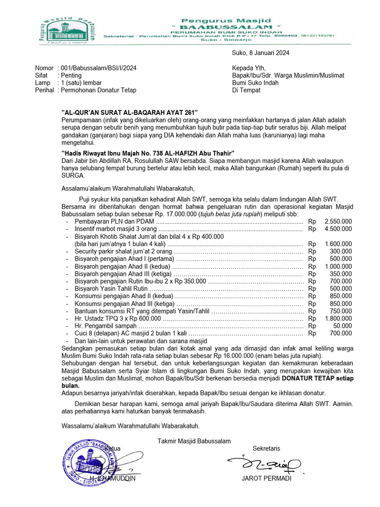 Permohonan Donatur Tetap Masjid | PDF