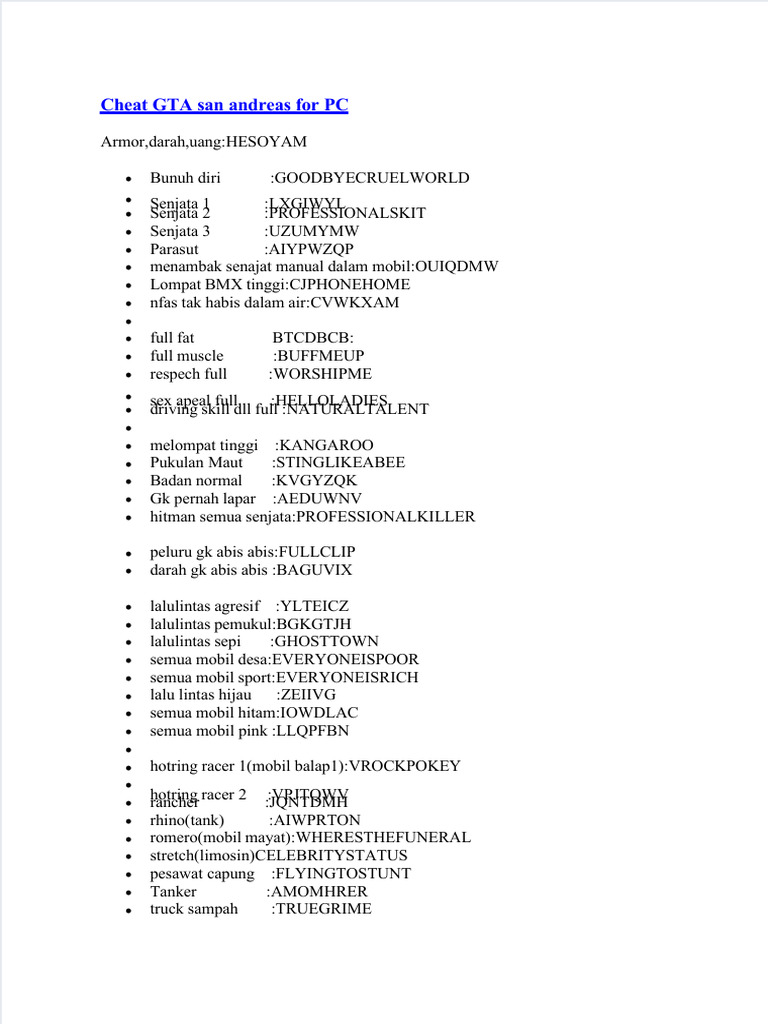 GTA San Andreas PC Cheat Codes | PDF