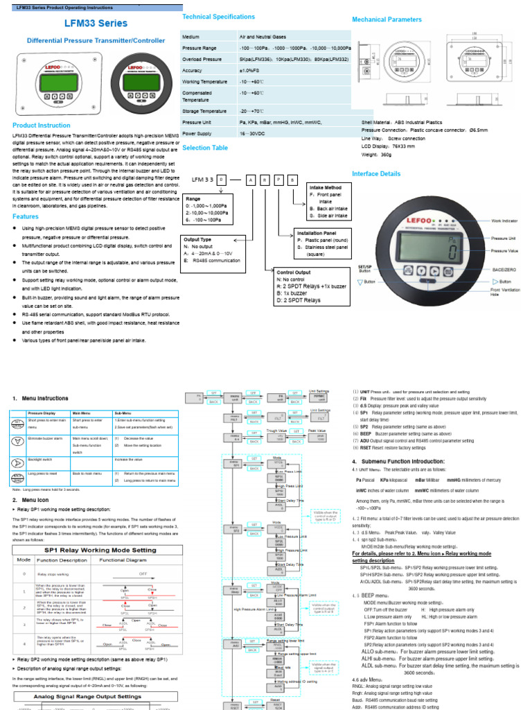 LFM33 Differential Pressure Controller Guide | PDF | Pascal (Unit) | Pressure Measurement
