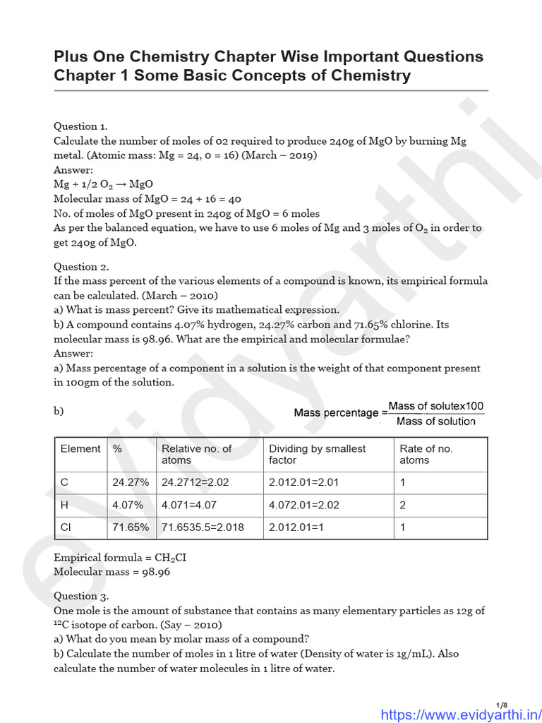 Class 11 Chapter 1 Chemistry Important Questions (1) | Download Free PDF | Mole (Unit) | Molecules