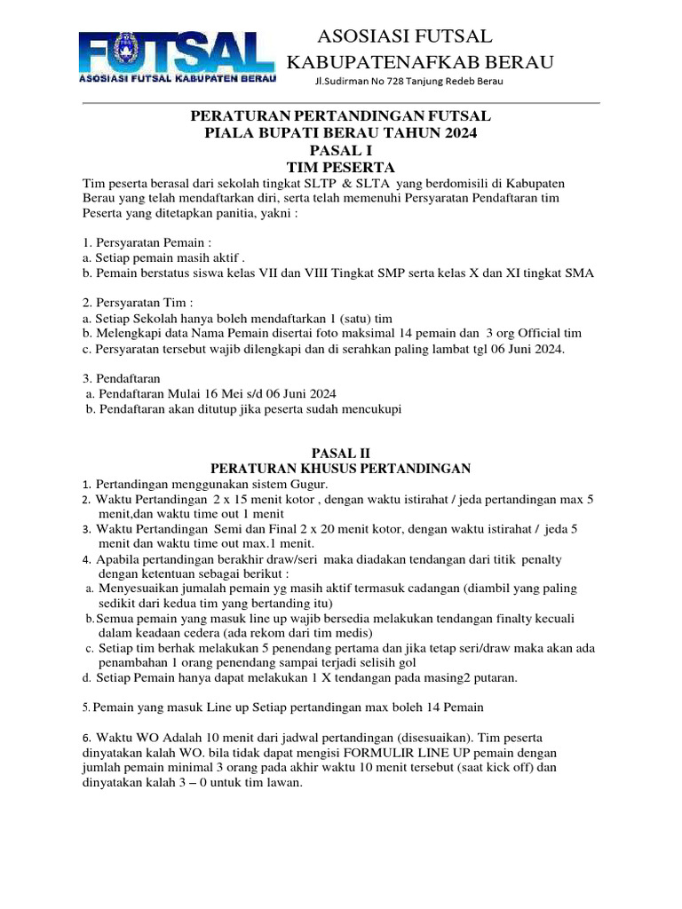 Peraturan Pertandingan Futsal Bupati Antar Sekolah | PDF