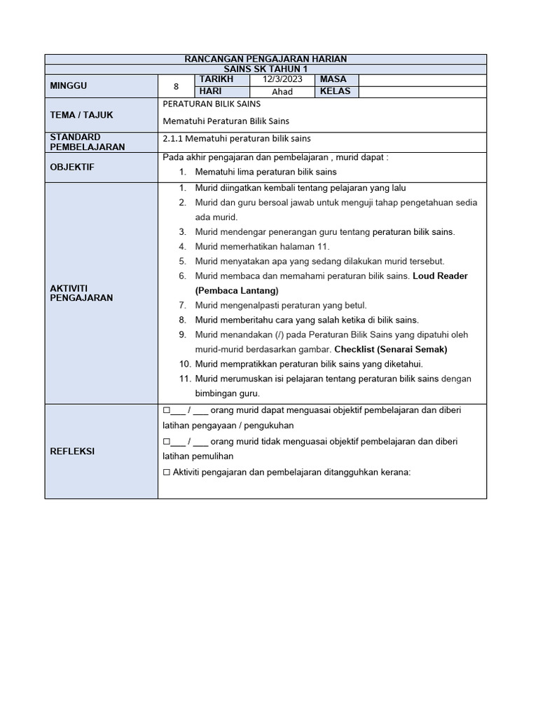 RPH Ringkas Minggu 8 Sains SK THN 1 2024 by Cikgu Gorgeous | PDF