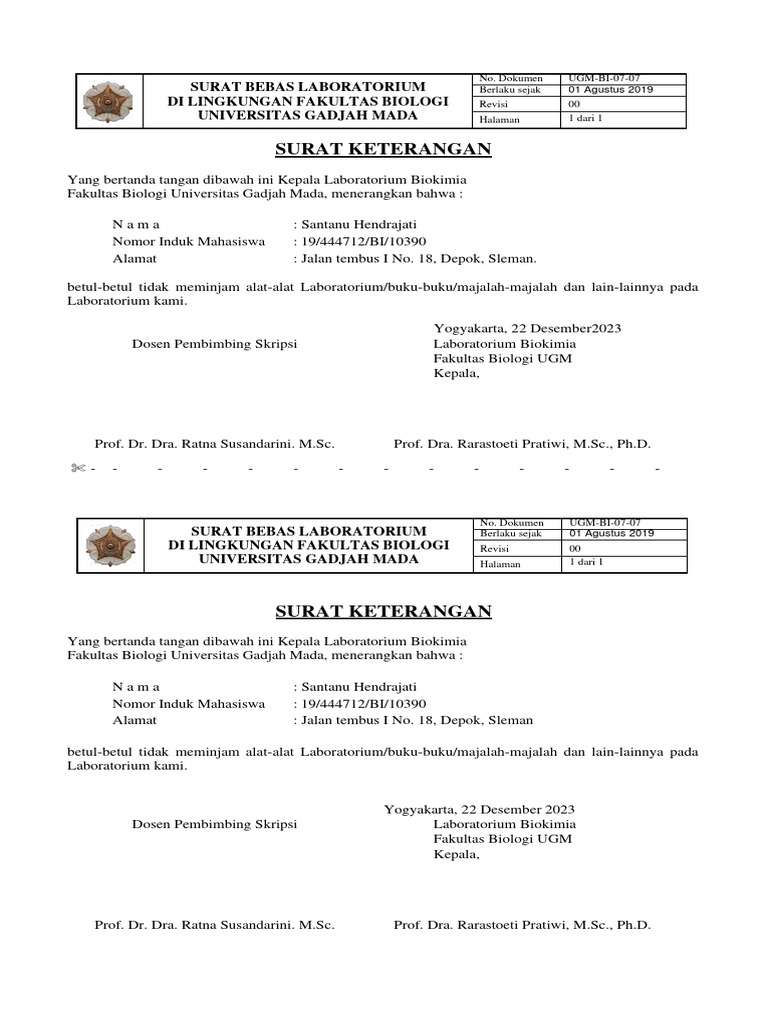 Surat Bebas Laboratorium - Santanu Hendrajati Fix | PDF