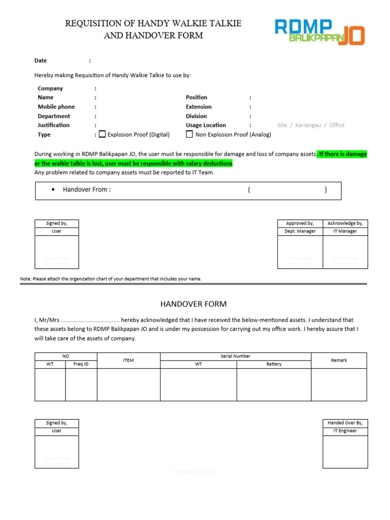 Walkie Talkie Requisition and Handover Form | PDF | Electronics ...