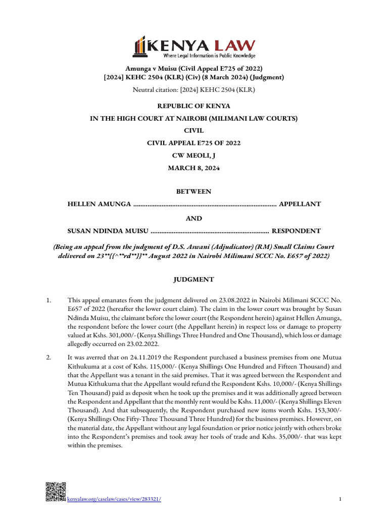 Amunga V Muisu (Civil Appeal E725 of 2022) | PDF | Appeal | Question Of Law