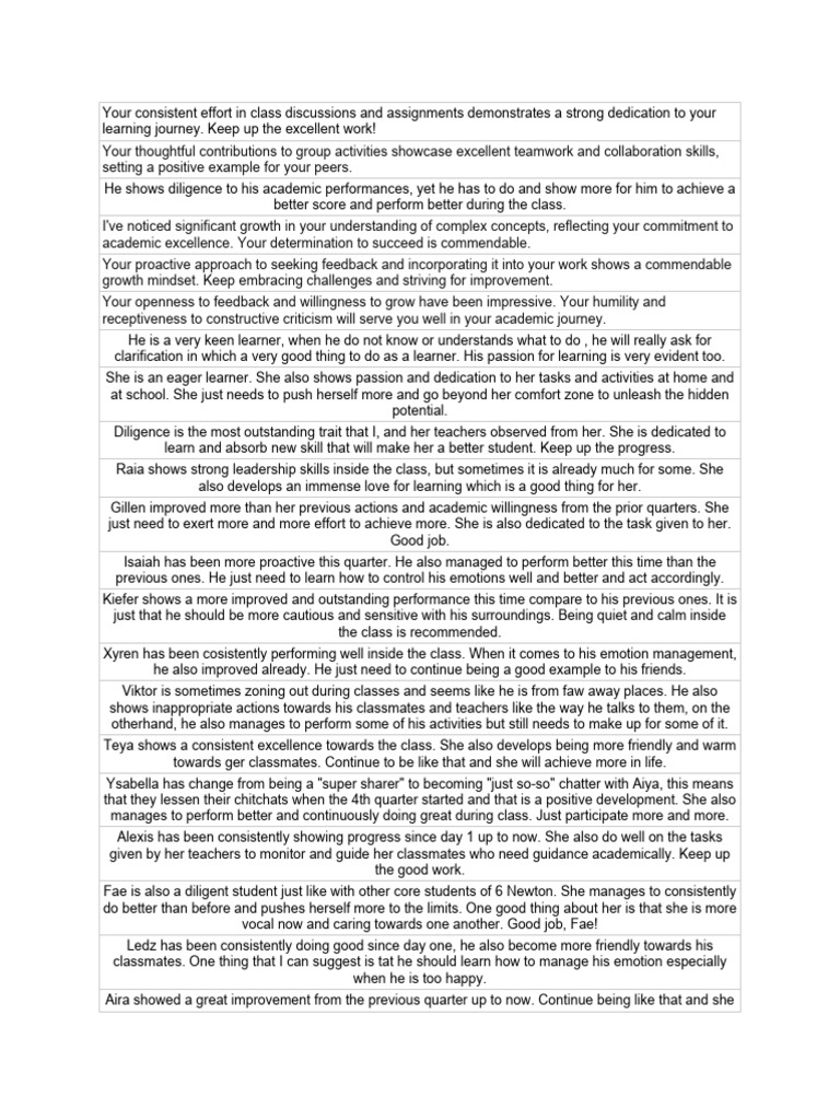 Your Consistent Effort in Class Discussions and Assignments ...