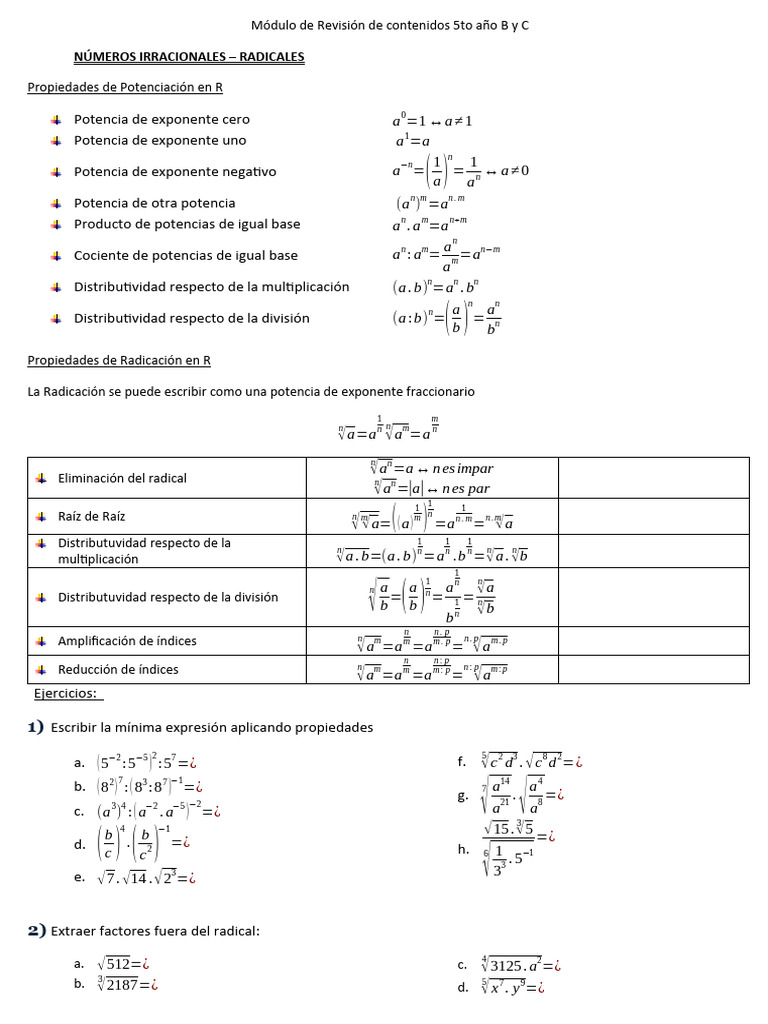 Revisin de Contenidos 5to An o B y C 2024 | PDF | Exponenciación ...