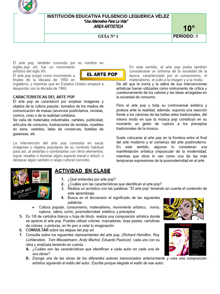 10° Guia 1 Arte Pop | PDF | Las artes | Educación en artes liberales