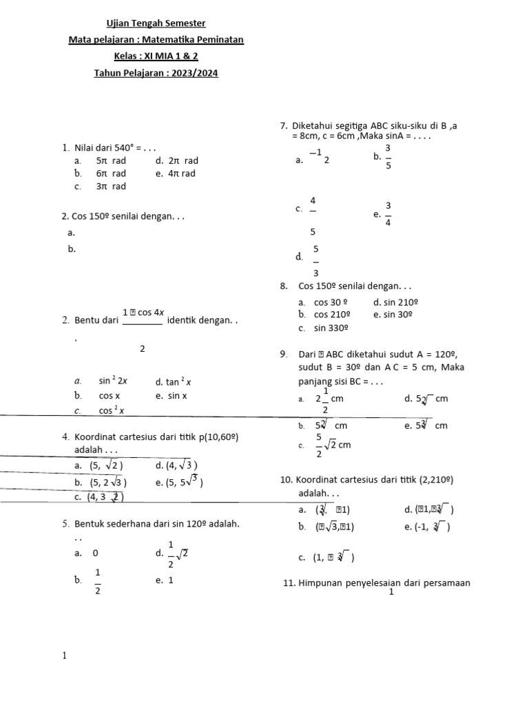 Soal Uts Matematika Minat Xi Mia | PDF