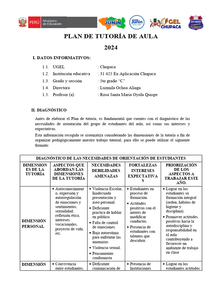 PLAN DE TUTORÍA DE AULA 5C | PDF | Aprendizaje | Enseñando