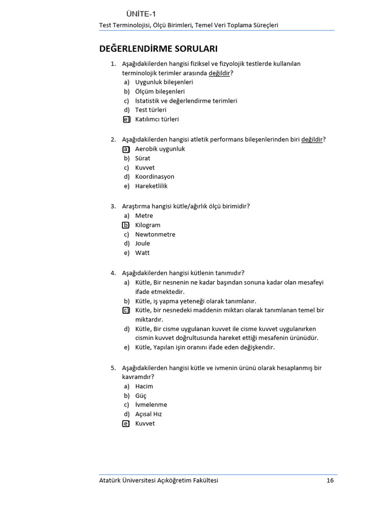 Sporda Fizyolojik Testler - Ünite Sonu Testleri | PDF