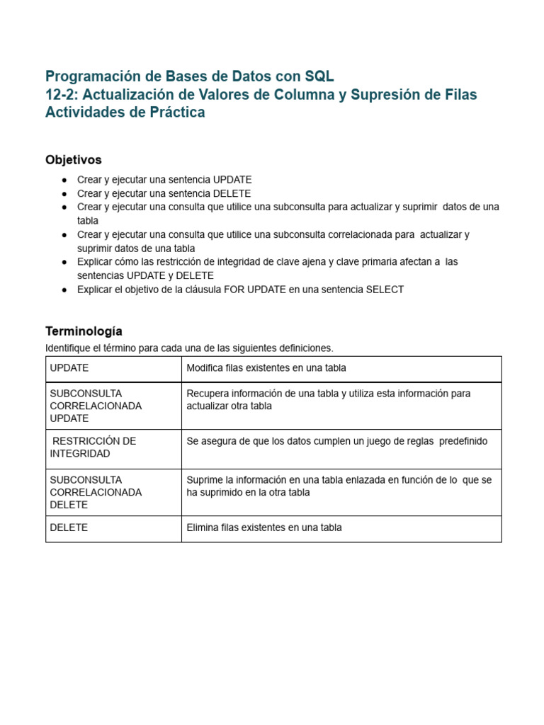 Actualización y Supresión en SQL | PDF | SQL | Gestión de datos