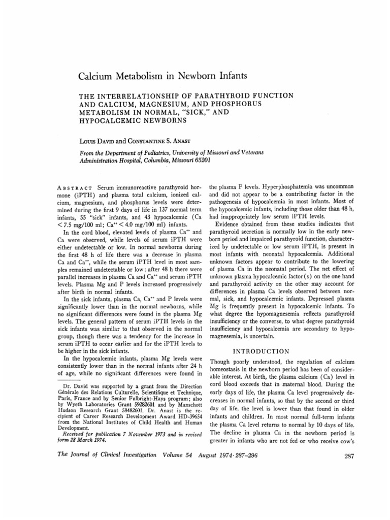 Calcium Metabolism Newborn Infants: Hypocalcemic | PDF | Blood Plasma ...
