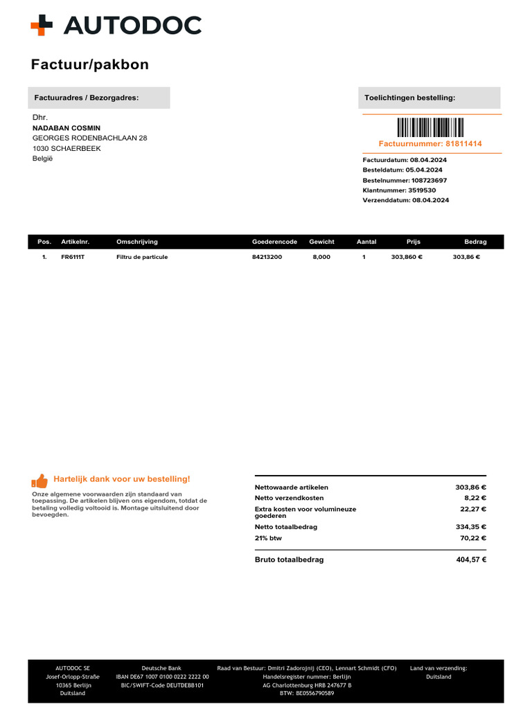 Factuur/pakbon: Factuuradres / Bezorgadres: Toelichtingen Bestelling | PDF
