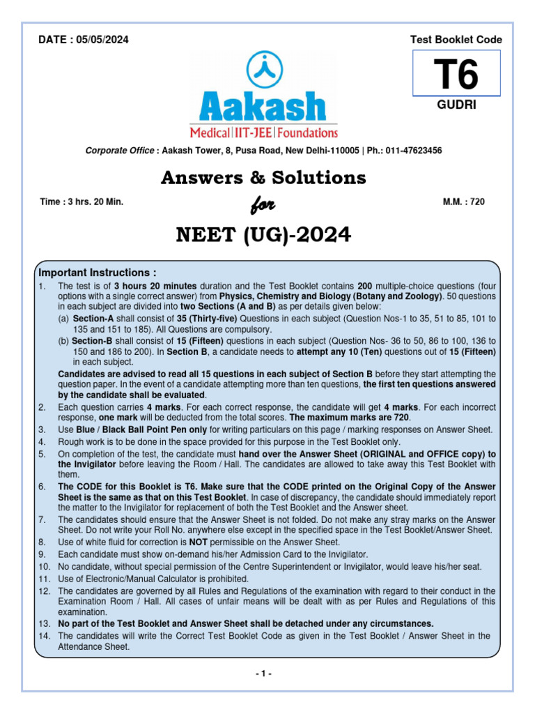 Answers and Solutions NEET 2024 Code T6 FINAL | PDF | Momentum | Acceleration