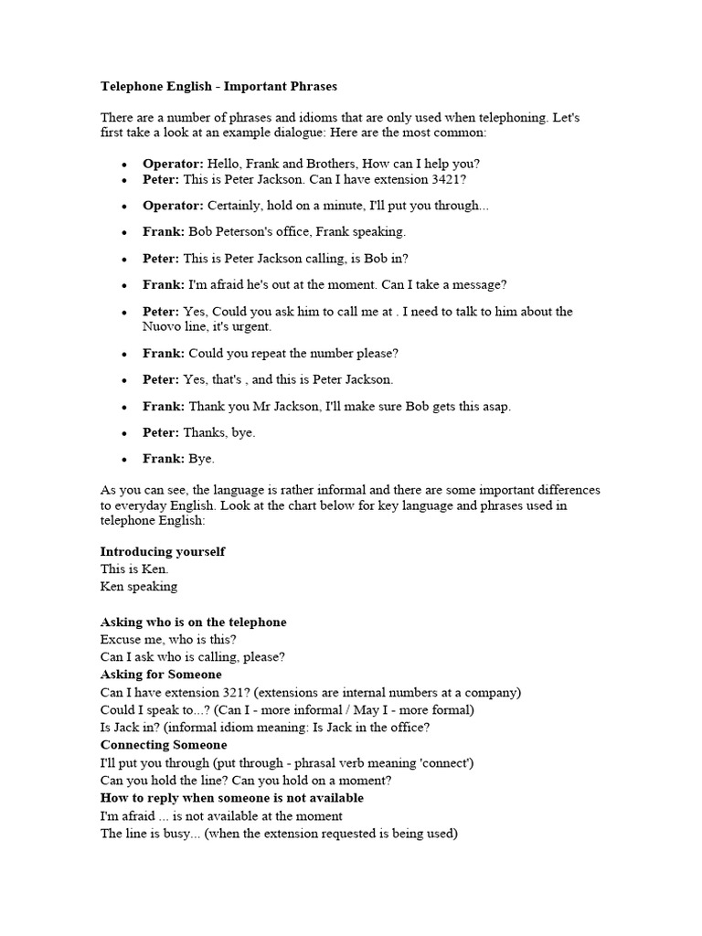 Essential Telephone English Phrases | PDF | English Language | Telephone