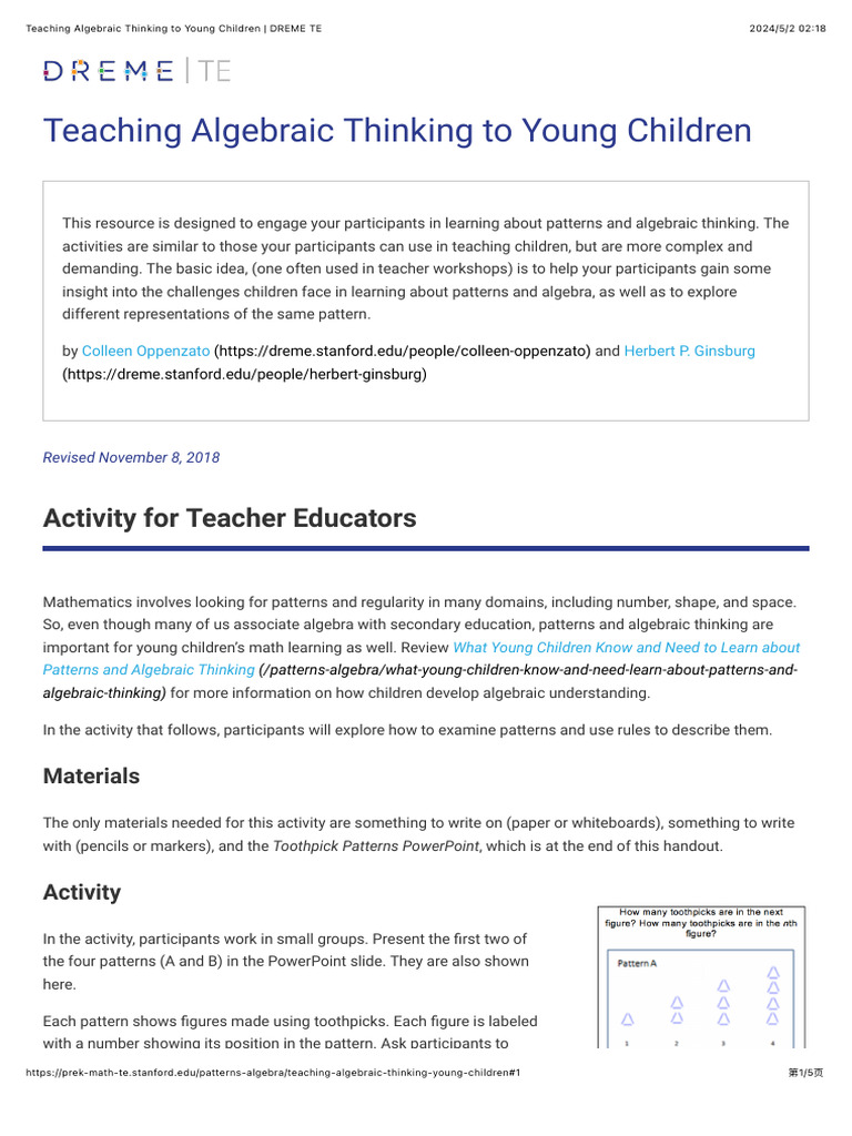 Teaching Algebraic Thinking to Young Children | DREME TE | PDF ...