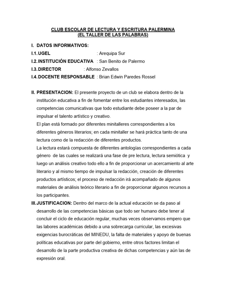 Proyecto de Innovacion Club Escolar de Lectura y Escritura Palermina ...