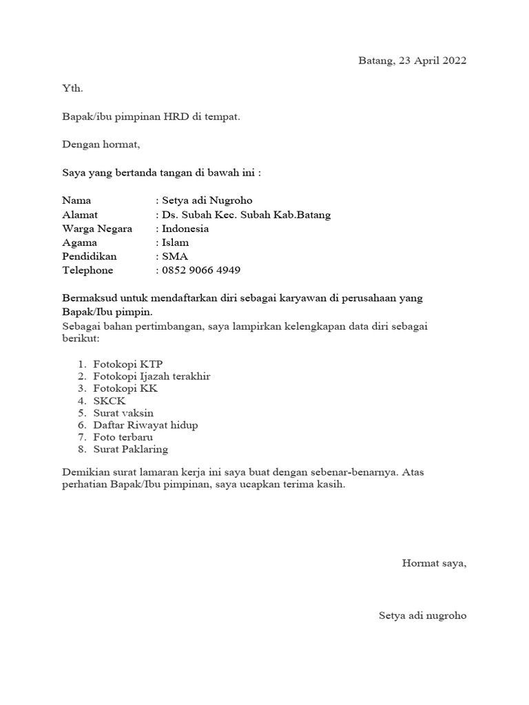 Surat Lamaran dan Paklaring Kerja | PDF