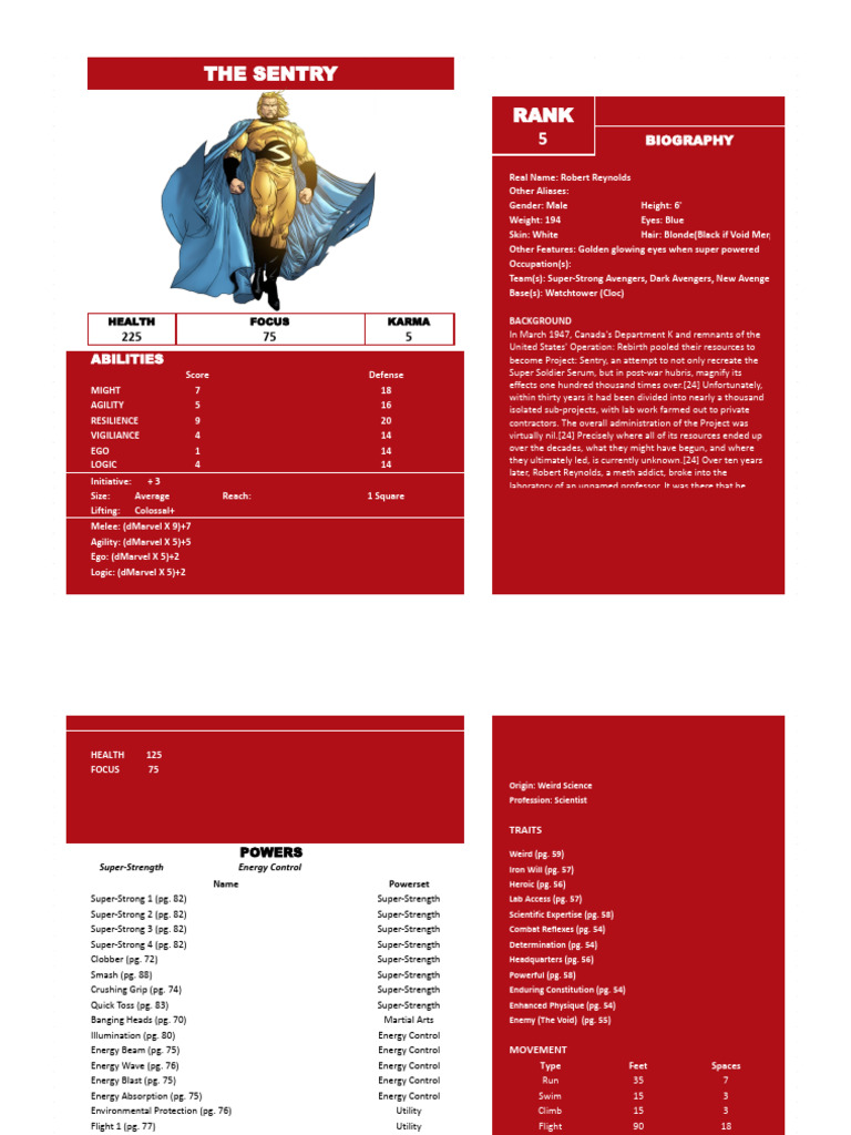 Marvel Multiverse Character Sheet The Sentry - Main | PDF