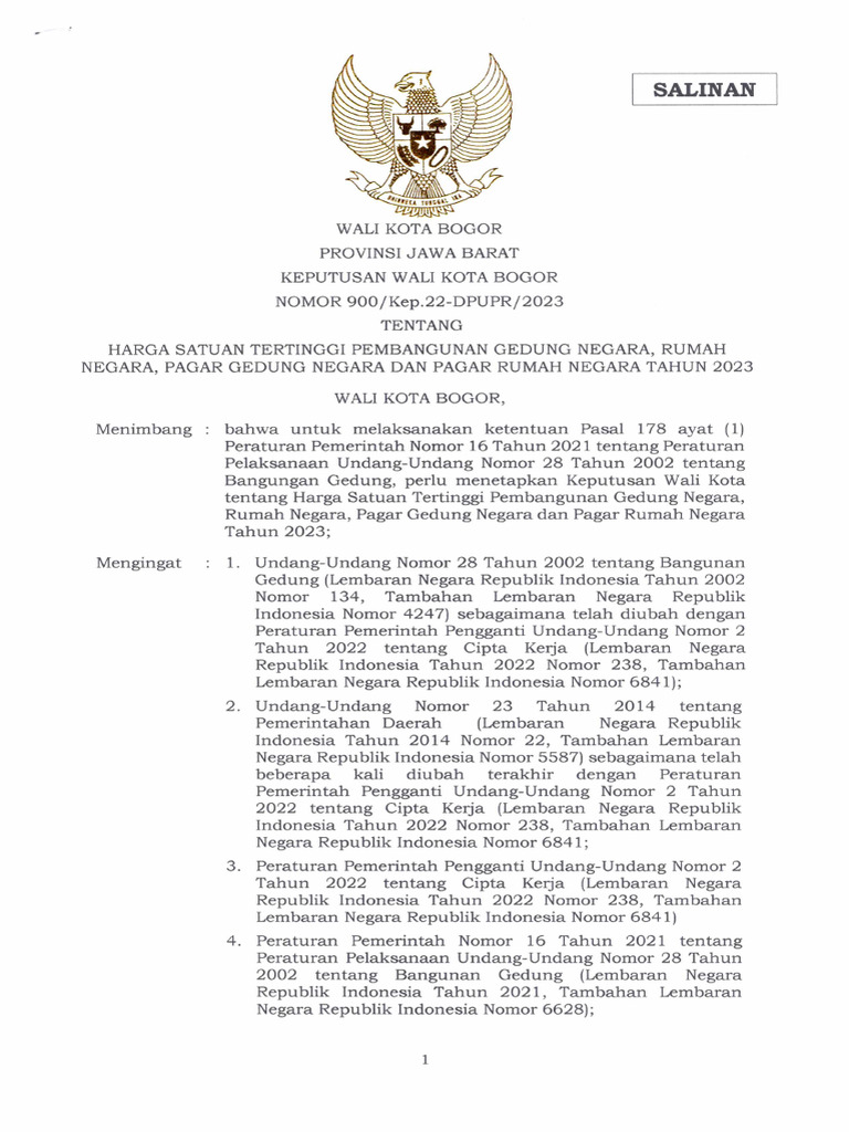 Salinan Kepwal No.900-Kep .22-Dpupr-2023 Harga Satuan Tertinggi Pembangunan Gedung Negara | PDF