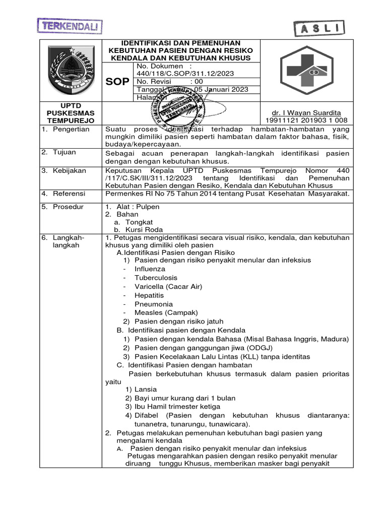 3.1.1 A SOP IDENTIFIKASI DAN PEMENUHAN KEBUTUHAN PASIEN DENGAN RESIKO, KENDALA DAN KEBUTUHAN ...