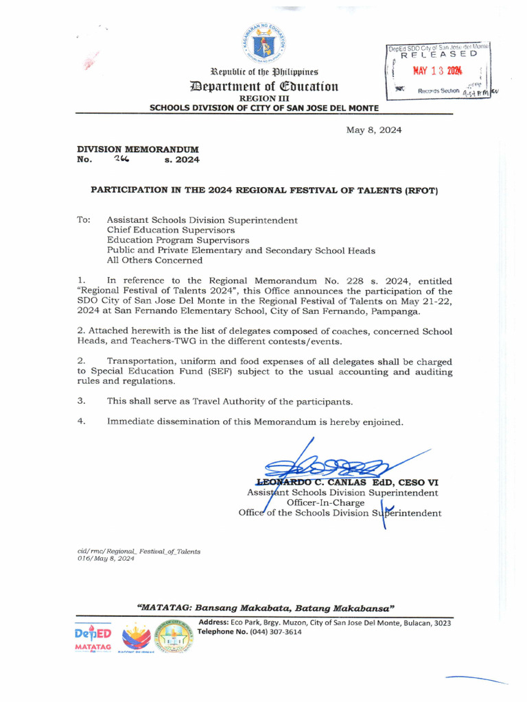 DM No. 266 s.2024 Participation in The 2024 Regional Festival of ...