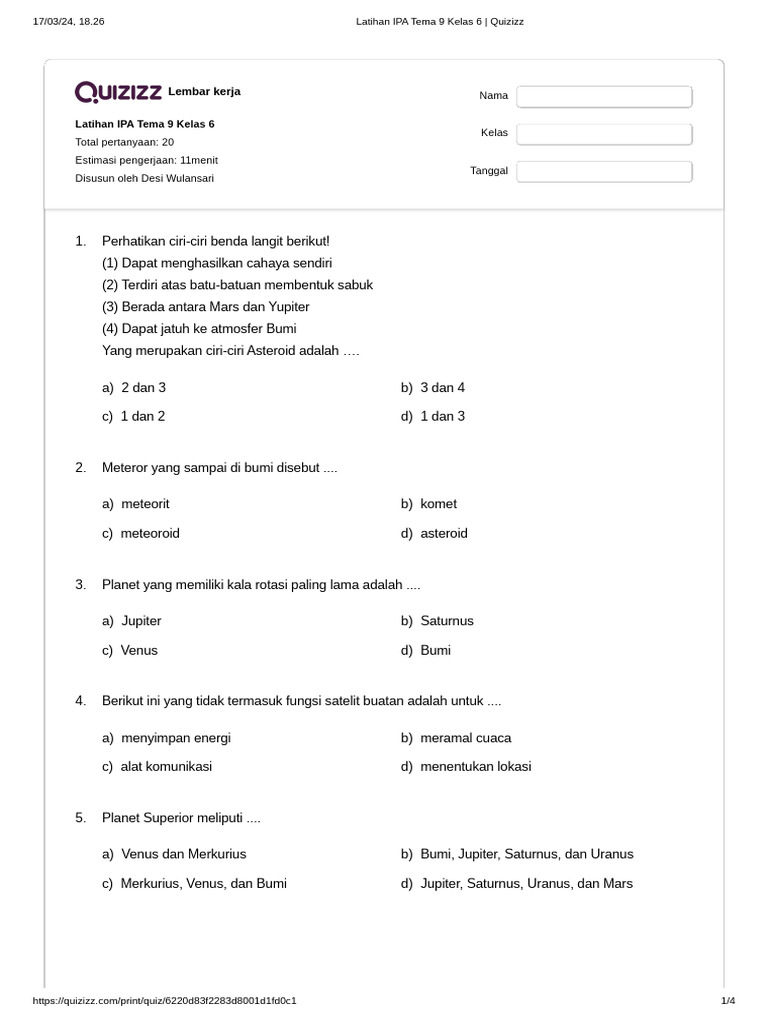 Latihan IPA Tema 9 Kelas 6 _ Quizizz | PDF