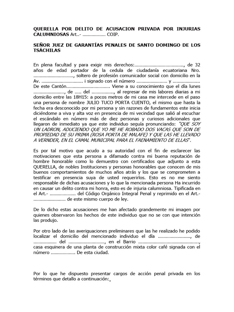 Modelo de Querella Por Injurias Calumniosas | PDF | Queja | Abogado