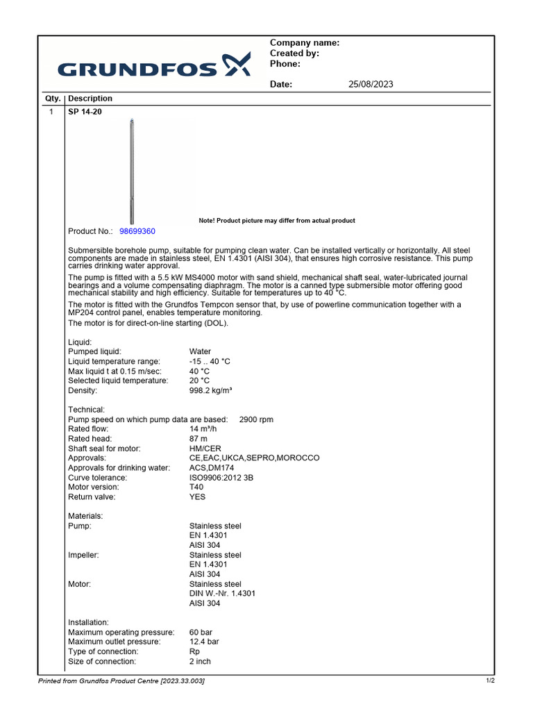 Katalog Pompa Grundfos SP 1420 - SUPRA | PDF | Pump | Electric Motor